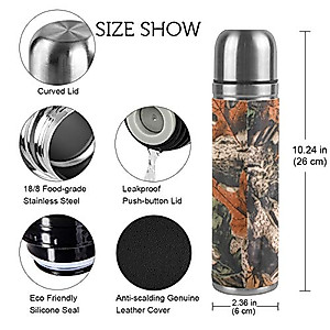 ALAZA Real Tree Camouflage Vacuum Insulated Stainless Steel Water Bottle Double Wall Construction Leak Proof Thermos Flask Genuine Leather Cover 17 Oz