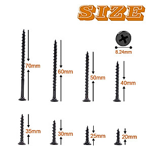 Screws #7 Quality Black Steel Drywall Screws Wood Screws 200Pcs Self Tapping Screws Kit,Screws Assortment Set for Drywall Sheetrock Furniture Cabinet Wood,8 Commonly Used Sizes