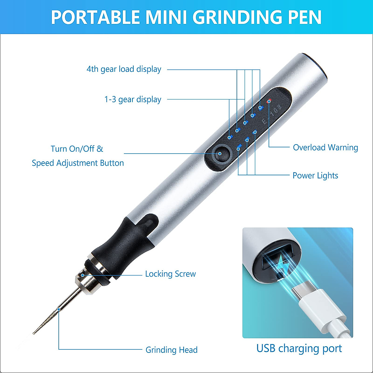 NICEWIN Engraving Pen with 36 Bits, USB Rechargable Mini Electric Engraver Etching Machines Cordless Rotary Tools Engraved Jewelry Glass Stone Metal Plastic Wood Resin, Silver