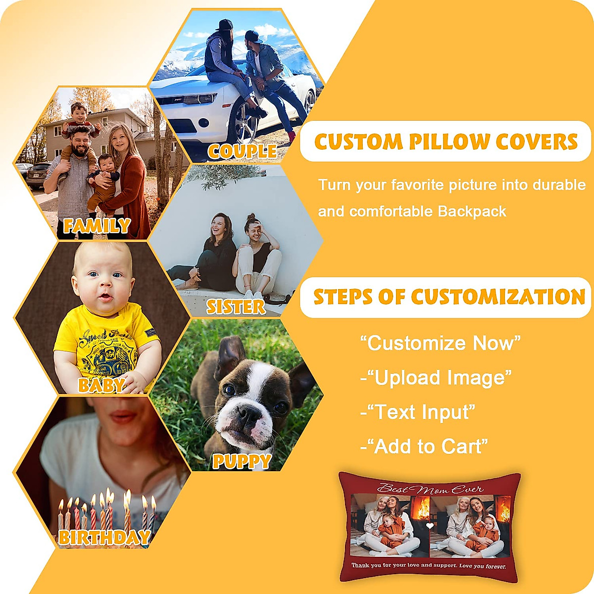 Custom Pillows with Picture Customized Pillow Covers Personalized Add Your Own Design Text Throw Pillow Covers Sofa Car Bedroom Decor Gifts for Men Women Friend Couple (Two-Panel Photo)