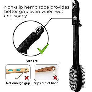 Lovelers Shower Back Brush with Long Handle for Men and Women - Bamboo Bath & Body Brushes for Cleansing and Exfoliating - Black Body Scrubber with Handle - Dual Sided Back Exfoliator for Shower