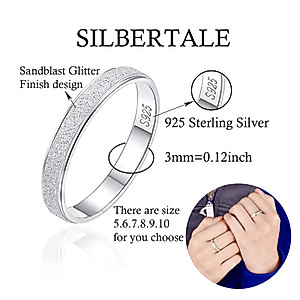 SILBERTALE Anxiety Ring 925 Sterling Silver 3mm thin Sandblast Glitter Ring Classic Eternity Wedding Band Comfort Fit for Men Women Size 9