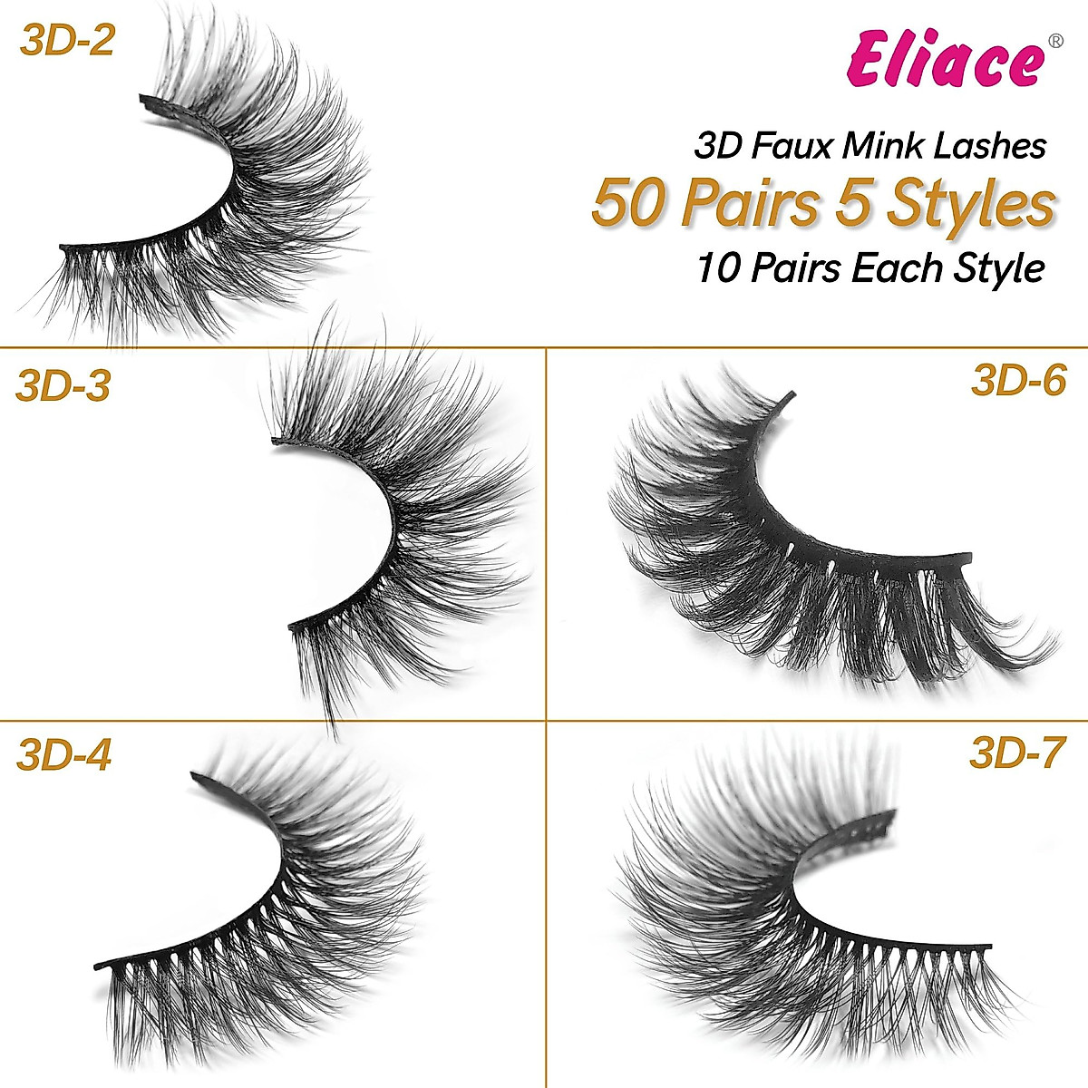 Eliace Eyelashes, 50 Pairs 5 Styles lux Faux Mink Lashes Natural Look Wispy Fluffy Handmade Cat Eye lashes False Eyelashes Set, Comfortable & Light weight Lashes Strips,Makeup Fake Eyelashes Pack