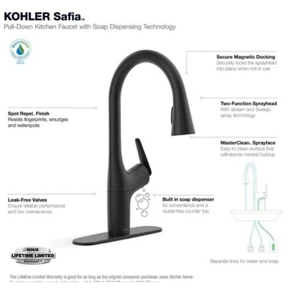 Kohler Safia 1-Handle Pull Down Sprayer Kitchen Faucet with Integrated Soap Dispenser in Matte Black