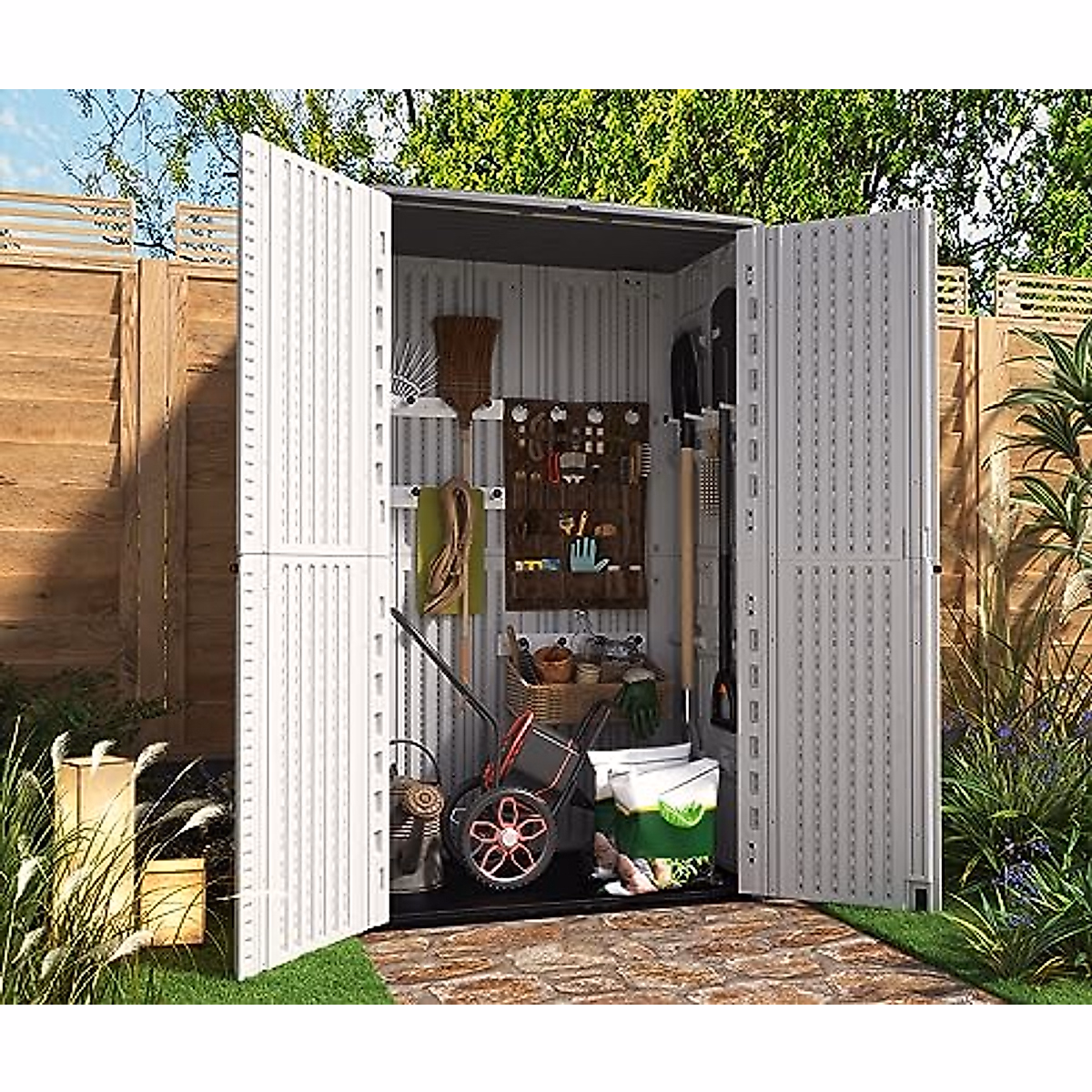 Outdoor Storage Shed,KINYING Outdoor Storage Cabinet Waterproof with Double Doors,52 Cu.ft Resin Vertical Tool Shed for Garden,Patio,Backyard,4×2.5×6.6 FT