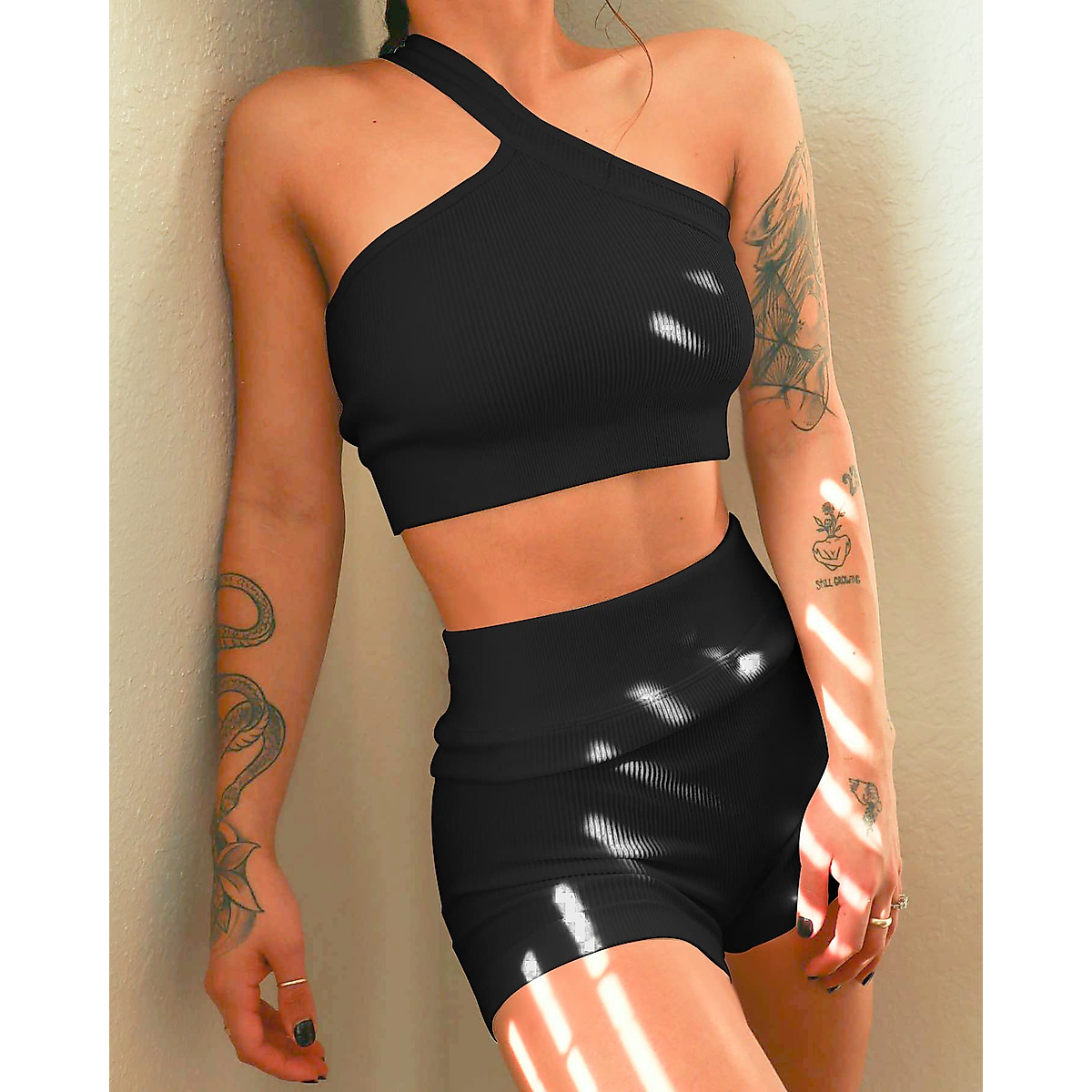 OLCHEE Womens One Shoulder Workout Sets 2 Piece - Seamless Ribbed Gym Outfits Crop Top and Mini Shorts Matching Yoga Athletic Clothing Set - Black Large