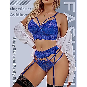 Avidlove Women's Exotic Lingerie Sets Sexy Lingerie Set with Garter Belts Sexy Bra and Panty Set Lace Teddy Bodysuit No Stockings(Blue, L)