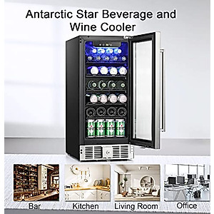 Antarctic Star 15 Inch Beverage Refrigerator Cooler - 2.9 Cu.Ft Wine or Champagne Cooler Low Noise Transparent Glass Door LED Light for Home and Bar 115V 60Hz Electronic Temperature Control