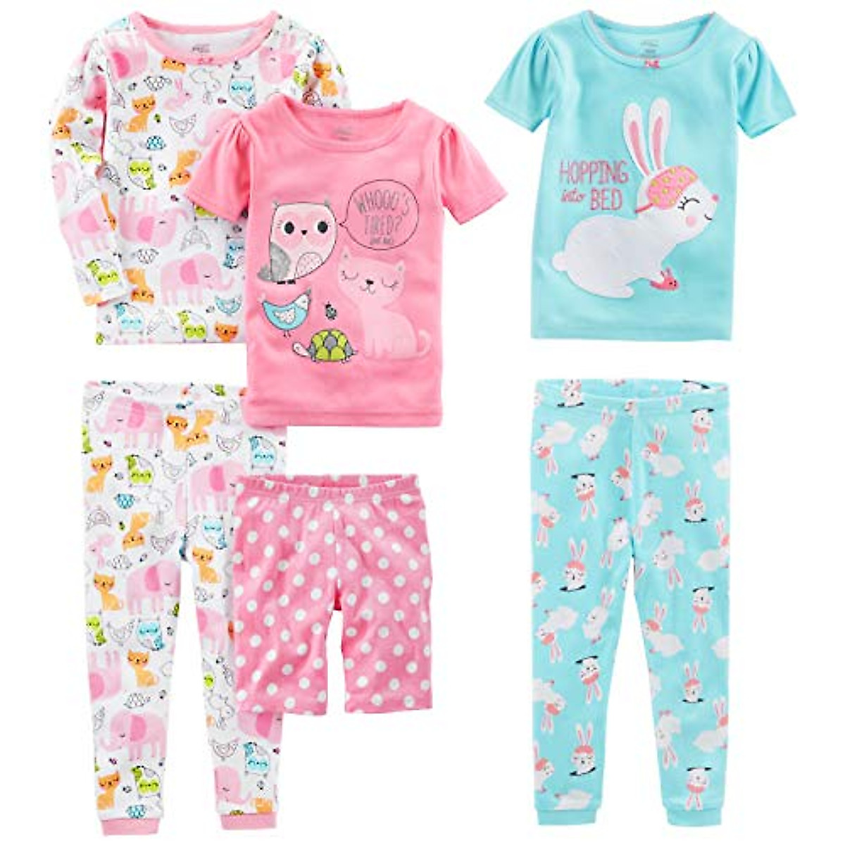 Simple Joys by Carter's Baby Girls' 6-Piece Snug Fit Cotton Pajama Set, Blue Bunny/Pink Dots/White Forest Animals, 18 Months