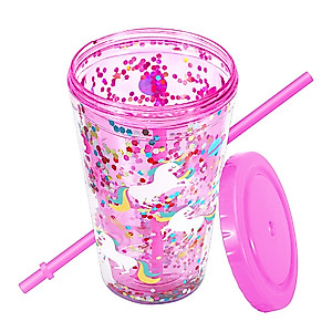 Cute Tumbler with Lid and Straw Double Wall Insulated Acrylic Cup for Girls Women Kids, 18oz/550ml (Unicorn)