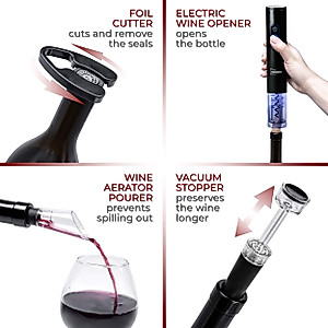 Meridia Electric Wine Opener Set with Charger - Automatic Rechargeable Bottle Corkscrew - Foil Cutter, Aerator Pourer, Vacuum Wine Stopper - Housewarming, Father’s Day & Birthday Gift