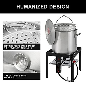 FEASTO 80QT Aluminum Boil Pot with Basket Perfect for Seafood Boiling and Steaming, Outdoor Propane Gas Cooker with Adjustable 0-10 PSI Regulator, Non-Assembly Frame Stand