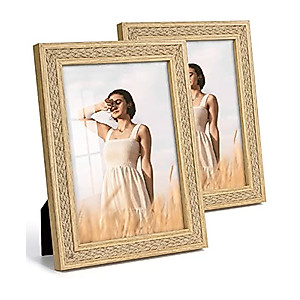 SUMGAR Boho Rattan Picture Frames 5X7 Hemp Rope - Rustic Farmhouse Style Wooden Oak Beige Photo Frames with Glass for Wall Mount and Tabletop Display - Perfect for Family, Friends, Graduation Gifts Set of 2