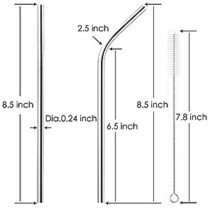 Set of 8 in 1 pack Reusable Stainless Steel Metal Straws- Long 215mm- Regular Size 6 mm Wide - Compatible - 4 Straight+ 4 Bent+ 2 Brushes+ 8 silicon tip+ 1 Pouch (silver, 8.5inch)