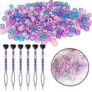1406 Pieces Pony Beads Set Including 6 Pieces Quick Beader for Kid Hair Braids, 900 Multicolor Plastic Pony Beads and 500 Pieces Mini Rubber Bands Soft Elastic Bands,Can be Used for Hair Braids