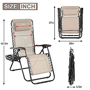 HHS Zero Gravity Chairs Beach Lounge Chairs for Outside Lawn Reclining Patio Camping Chair Adjustable Comfortable Outdoor Folding Chair with Cup Holder and Headrest, Tan, 37 x 26 x 43 inches