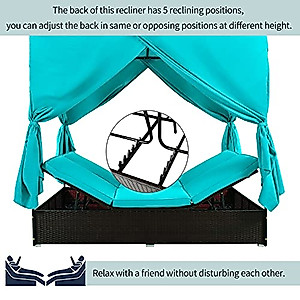XD Designs Outdoor Patio Wicker Sunbed Daybed with Side and Overhead Curtains, UV-Proof Resin PE Rattan Adjustable Seats for Balcony Garden Backyard Poolside (Blue-1)