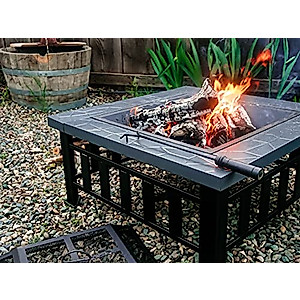 Yardom 34 inch Outdoor Fire Pits BBQ Square Firepit Table Backyard Patio Garden Stove Wood Burning Fireplace with Grill, Spark Screen Cover, Poker, Rain Cover