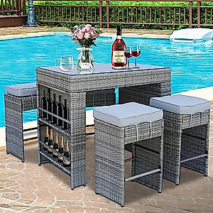 5 Pieces Outdoor Bar Set, Outside Patio Wicker Furniture Set with 4 Cushions Stools and 4 Tier Storage Shelf, Rattan Bar Height Table and Chairs for Garden, Porches, Backyard, Indoor, Pool Deck (Gray)