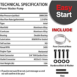YAMATIC 3/4" Shaft Horizontal Pressure Washer Pump - 3000 PSI @ 2.5 GPM - Original Engineering Pump for Most Brand gas engine power washer