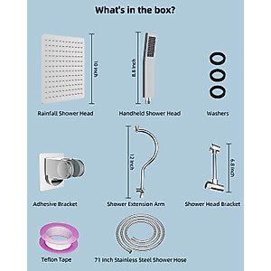 Hibbent All Metal Shower Head, 10'' High Pressure Rainfall Shower Head, Showerhead Combo/Handheld Shower Wand, 12'' Adjustable Curved Shower Extension Arm, 71'' Hose, 2 Shower Head Holders, Chrome