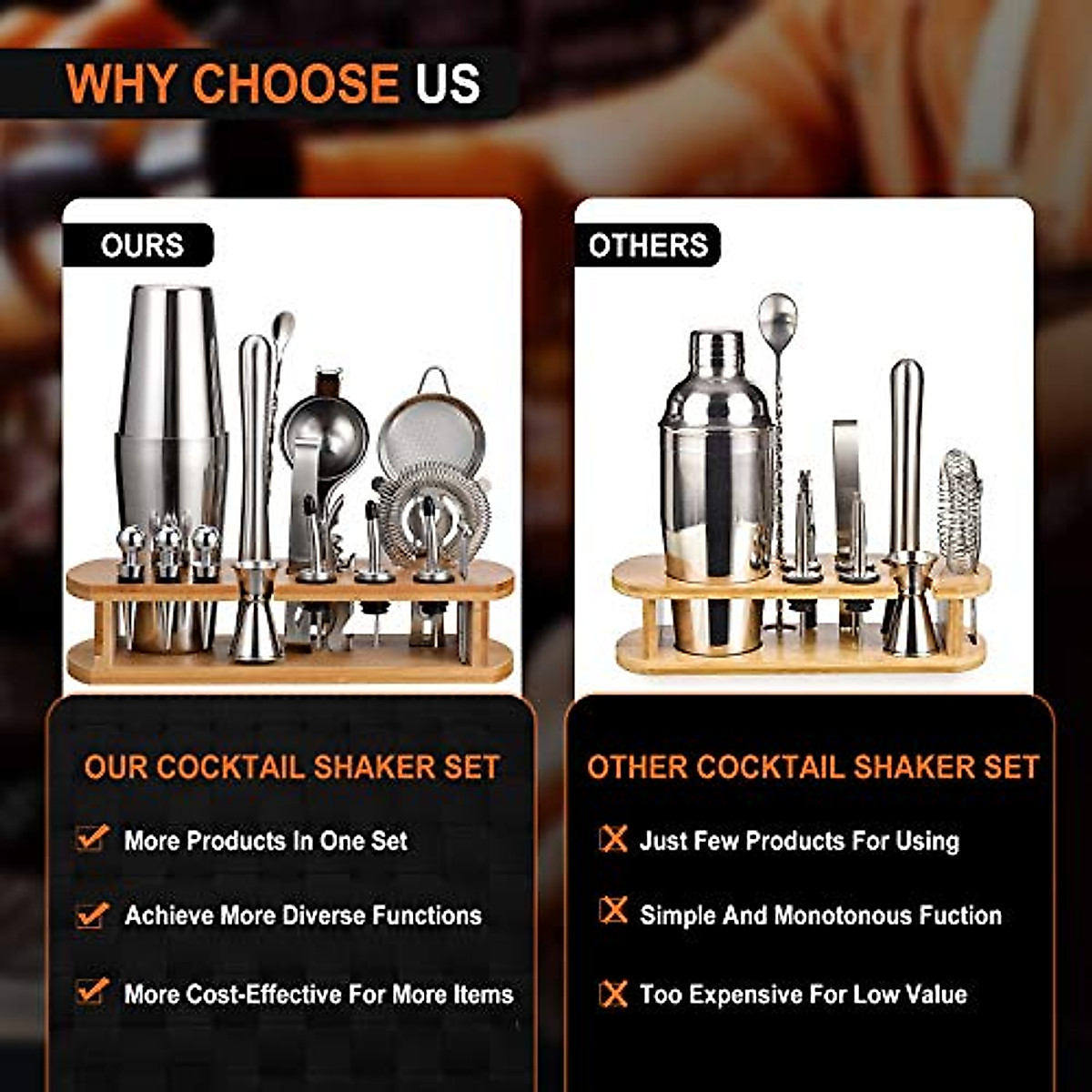 24-Piece Cocktail Shaker Bartender Kit with Stand, Boston Shaker, Mixing Spoon, Muddler, Measuring Jigger, Lemon Squeez, Tongs, Corkscrew, Liquor Pourers and More Professional Bar Tools