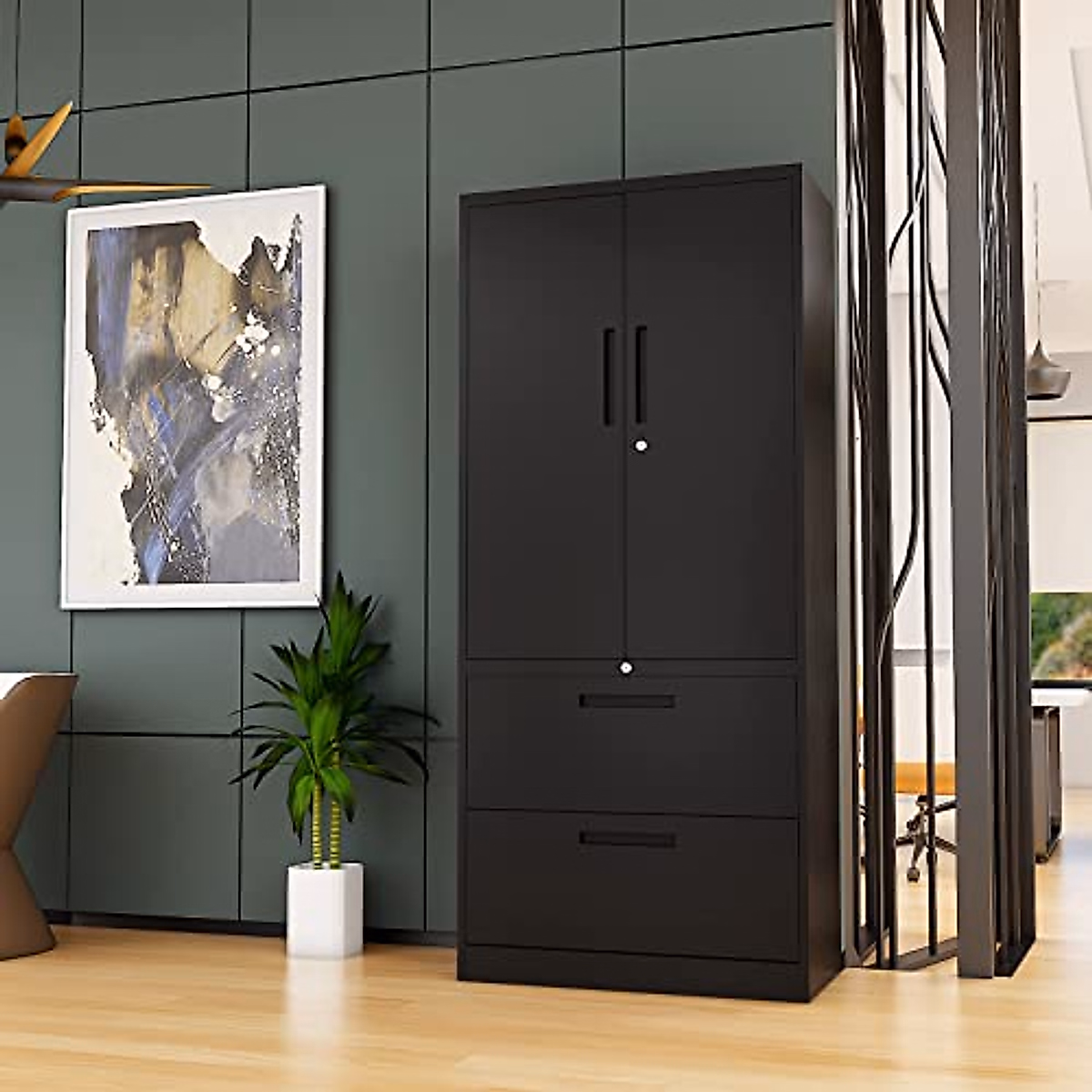 Anxxsu Metal File Cabinet 2 Drawers, Lateral File Cabinets Home Office, Storage Cabinet Adjustable Shelves, Locking File Cabinet Letter/Legal/A4 Size Files (Assemble Required) MSC-0815 Black-style B