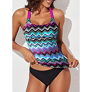 Aleumdr Womens Ladies Striped Zigzag Print Color Block Open Back Bandeau Blouson Push up Tankini Swim Bikini Top No Bottom Swimsuit Bathing Suit Swimwear Purple Plus Size 3XL 22 24