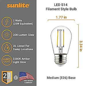 Sunlite 81073-SU LED S14 Filament Style String Light Bulb, ETL Listed, 2 Watts (25W Equivalent), 200 Lumens, Medium Base (E26), Dimmable, 2700K Warm White, 1 Count