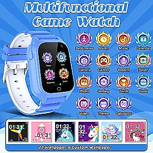 Waterproof Kids Game Watch for Girls Boys Age 3-10 with 1.44'' Touch Screen 26 Puzzle Game Music Camera Video Recorder 12/24 Hr Clock Pedometer Flashlight Alarm Calendar Children Learning Toys