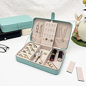 Small Travel Jewelry Organizer Case for Rings, Earrings, Necklaces, Bracelets, and Bangles - PU Leather Portable Storage Box Display Holder for Women and Men (Cyan Blue)