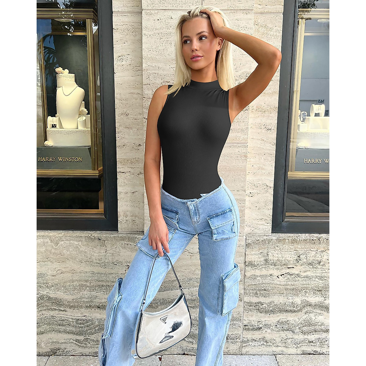 OQQ Women's 2 Piece Sexy Ribbed Sleeveless High Neck Tank Top BodySuit, Black,beige, Small