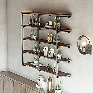 LBSLMJB Industrial Iron Pipe Shelving 5-Story Rustic Black DIY Open Pipe Shelves with Wood Planks Bookshelf, Wall Mount Hanging Steampunk Storage Office Room Kitchen Shelves