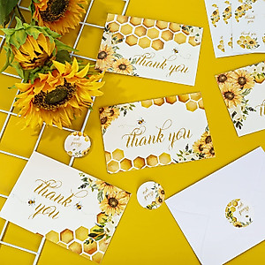 AnyDesign Sunflower Bee Thank You Cards Bulk 30 Pack Thank You Notes with Matching Seal Stickers Envelopes Blank Greeting Note cards for Wedding Baby Shower Bridal Birthday Party Invitation