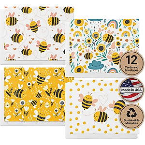 Twigs Paper - Assorted Bumble Bee Greeting Cards - Stationery Cards with Envelopes - Thank You Card - Blank Note Cards - Greeting Cards for All Occasions - Made in USA (5.5 x 4.25, Set of 12)
