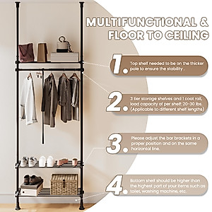 DYN Ptah 4-Tier Over Toilet Bathroom Organizer Floor to Ceiling, Over The Toilet Storage Rack with Tension Poles/Shelves/Clothes Rail, Adjustable Height, Width and Position, Metal Black