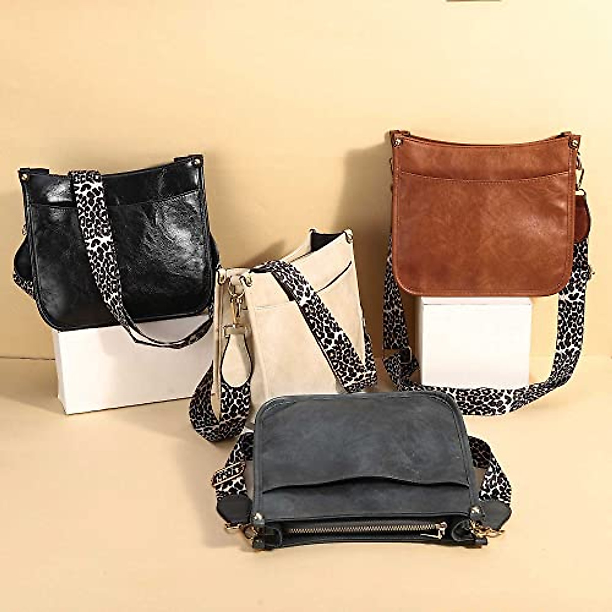 HAIBOLAN Shoulder Bag for Women Leopard Adjustable Guitar Strap Crossbody Purse Vegan Leather Bucket Handbags (A-Brown)