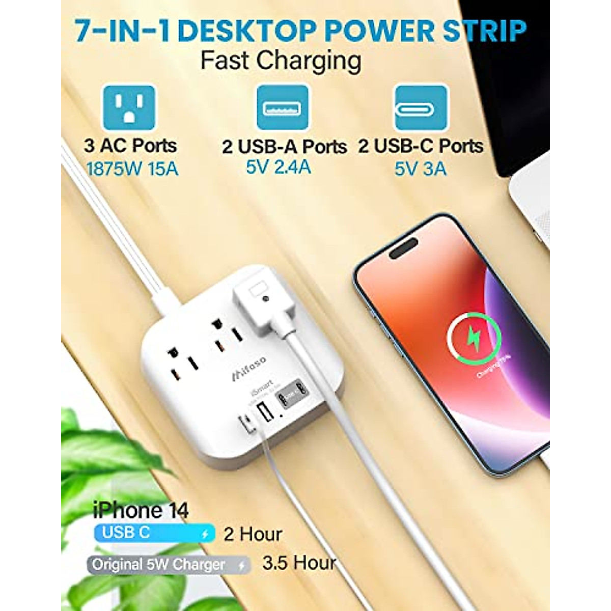 Flat Extension Cord, 5ft Ultra Flat Plug Power Strip - 3 Outlets 4 USB Ports (2 USB C) Desk Charging Station Power Strip with No Surge Protection for Cruise Ship, Travel, Dorm Room Essentials