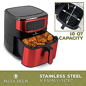 Paula Deen Stainless Steel 10 QT Digital Air Fryer (1700 Watts), LED Display, 10 Preset Cooking Functions, Ceramic Non-Stick Coating, Auto Shut-Off, 50 Recipes (Red Stainless)
