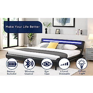 Gustonhon King Size Modern Upholstered Platform Bed Frame with RGB LED Lights Leather Headboard,Faux Leather Wave-Like Low Bed Frame,Strong Wood Slats Support, Easy Assembly(Black, King)