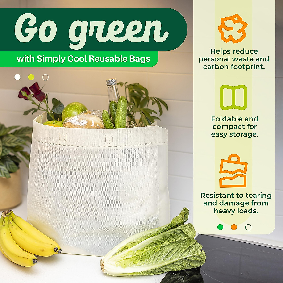 Simply Cool 50 Pack Reusable Eco-Friendly Grocery Shopping Bags 14.5"x14"x6.6" Durable, Recyclable,Washable, Foldable, Portable Tote Bag (50 Pack Reusable Bags, Cream)