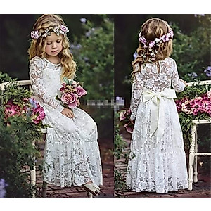 Toddler Flower Girl Fancy Ivory White Lace Boho Long Sleeve Full Length Slim Maxi Princess Dresses 4T