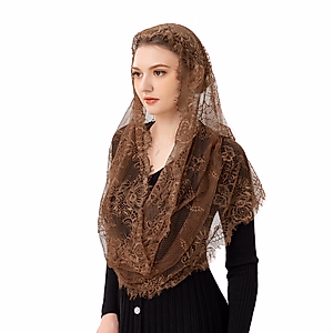 PAMOR Spanish Style Lace Traditional Vintage Inspired Infinity Shape Mantilla Veil Latin Mass Head Covering (Brown)