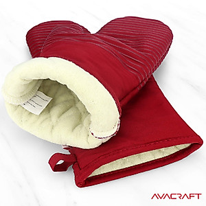 AVACRAFT Oven Mitts Pair, Flexible, 100% Cotton with Unique Heat Resistant Food Grade Silicone, Thick Terry Cloth Interior, 500 F Heat Resistant (Red Oven Mitts)