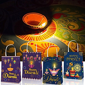KYMY Diwali Party Treat Bags with Stickers, 12pcs Diwali Gift Candy Bags, India Festival of Lights Gift Goody Bags, India Party Favor Diwali Party Indian Celebration Supplies Decoration