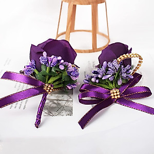 WANLIAN Rose Wrist Corsage Bridesmaid Corsage and Boutonniere Set for Wedding Prom Party Hand Flower Decoration Set of 2 (Purple)