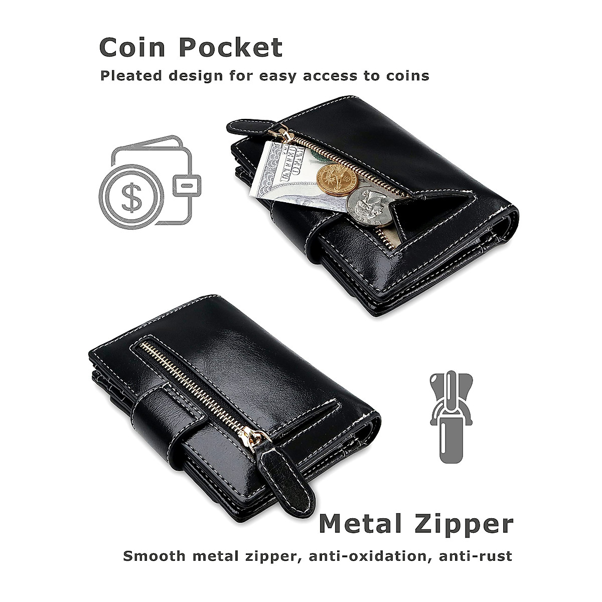 IamaCos Women Artificial Leather Wallets Compact Bifold Wallet RFID Blocking Card Holder Zipper Coin Purse 10 Card Slots 2 ID Windows Black