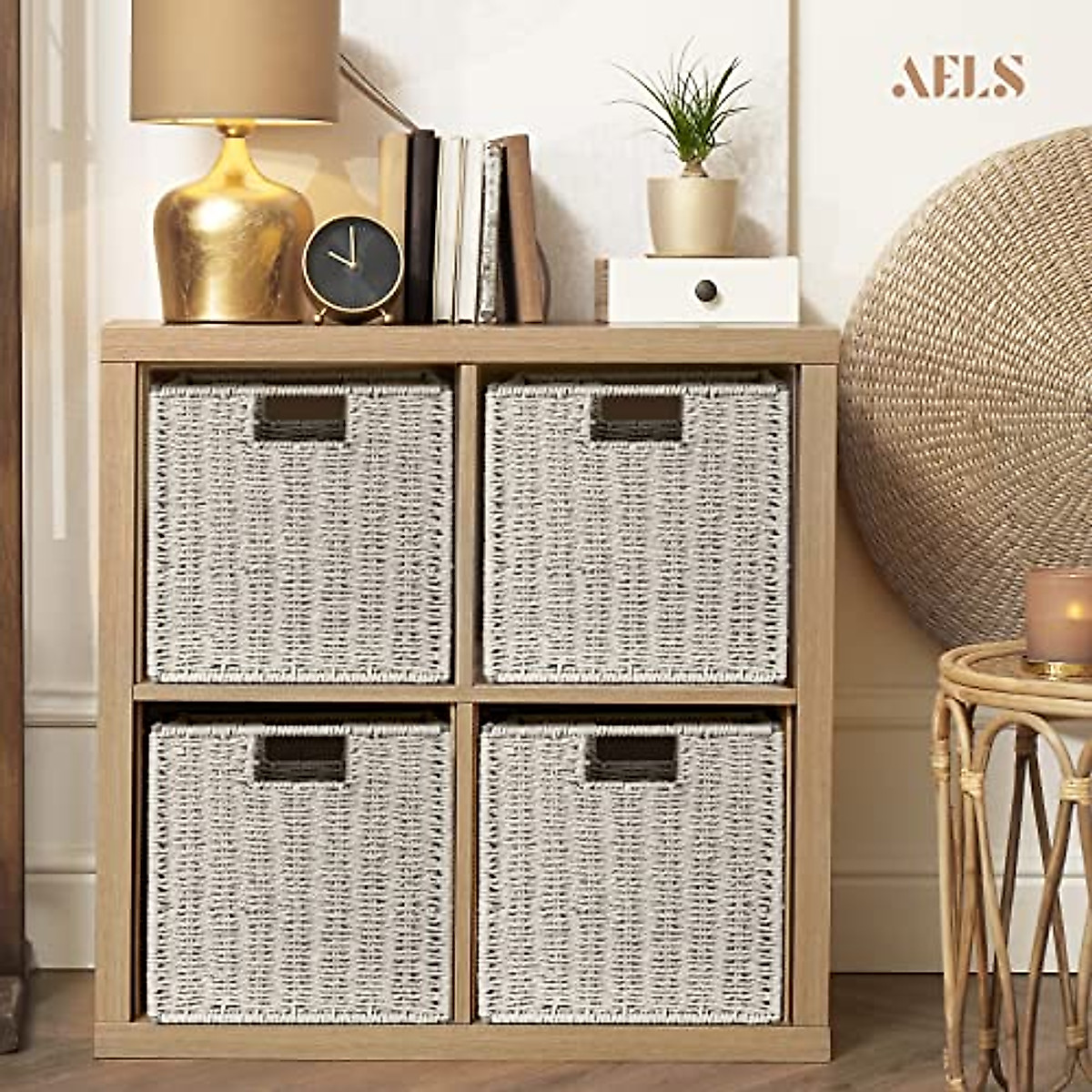 AELS Woven Baskets for Storage, Natural Hand-woven Storage Baskets for Organizing, Cubby Cubes Storage Bins for Shelves, 11" Modern Farmhouse Square Storage Cubes with Handles, Light Gray, 4 Pack