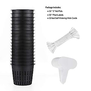 30 Pack 3 Inch Net Cup Pots with Hydroponic Self Watering Wick & Plant Labels for Aquaponics Mason Jar Insert Orchid kratky Vegetable Garden Gardening Growing Netted Baskets Slotted Mesh Wide Lip Rim