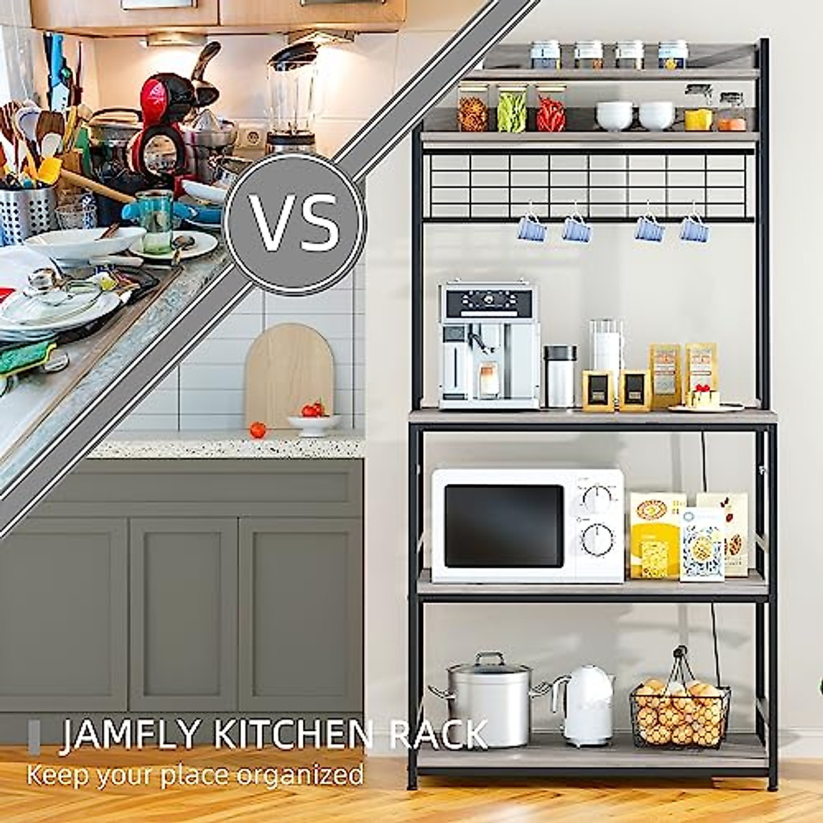 JAMFLY Kitchen Bakers Rack with Power Outlet, Coffee Bar Cabinet, Kitchen Racks with Storage Cabinet, 5-Tier Microwave Stand with 10 Hooks and Metal Wire Panel (31.5'', Gray)